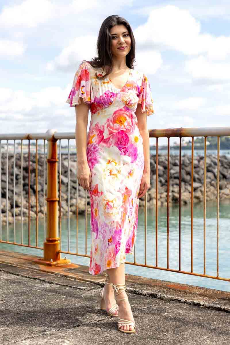 Buy Ava Bias Cut Midi Dress Pink Floral by Augustine online - Augustine