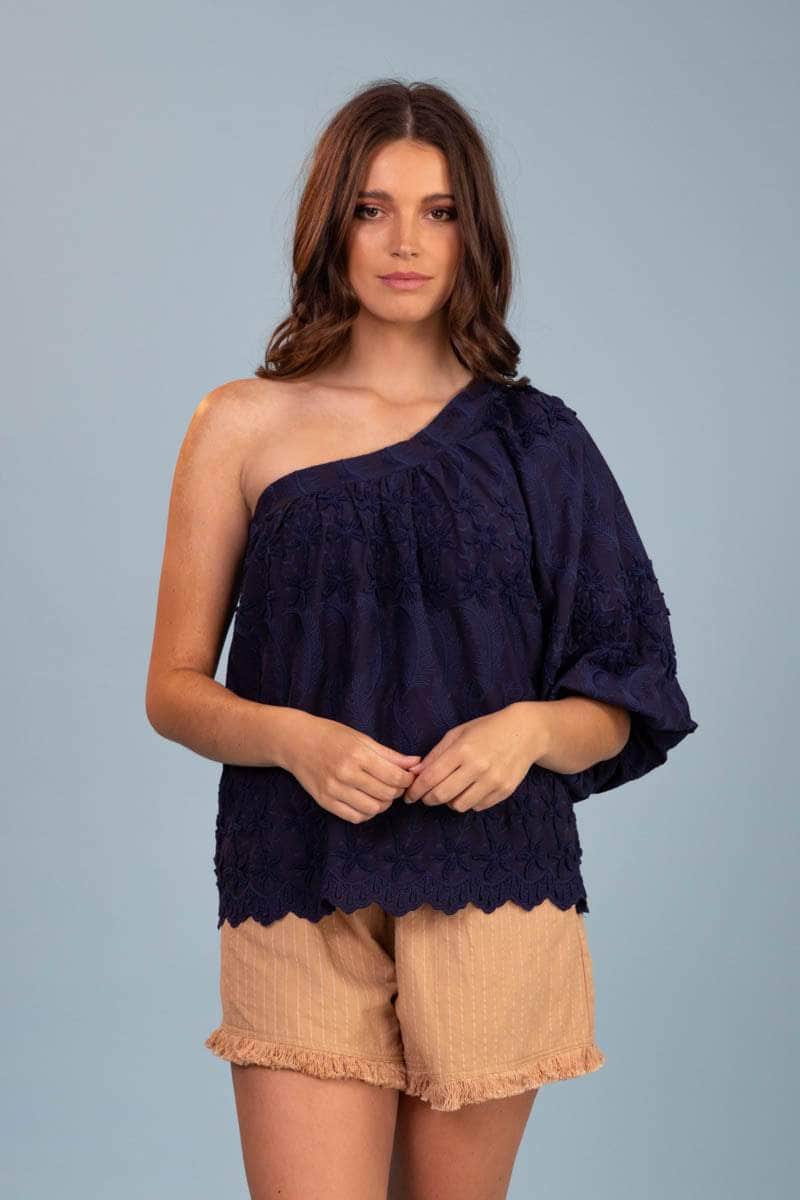 Fern One Sided Embroidered Top Navy – Augustine