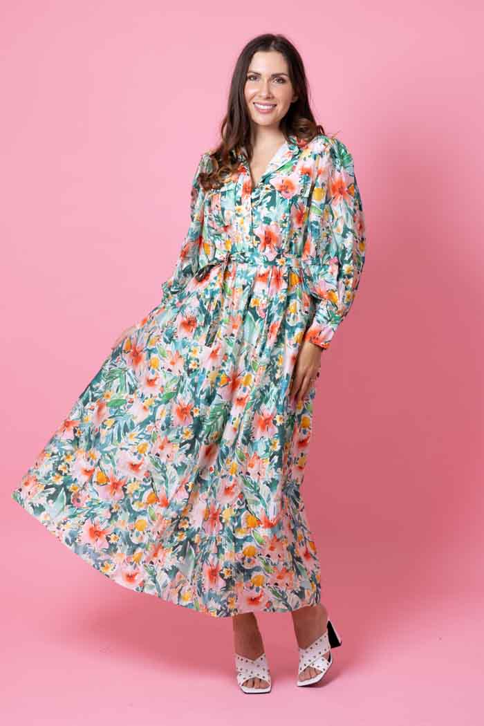 Michaela Maxi Shirt Dress Teal Floral – Augustine