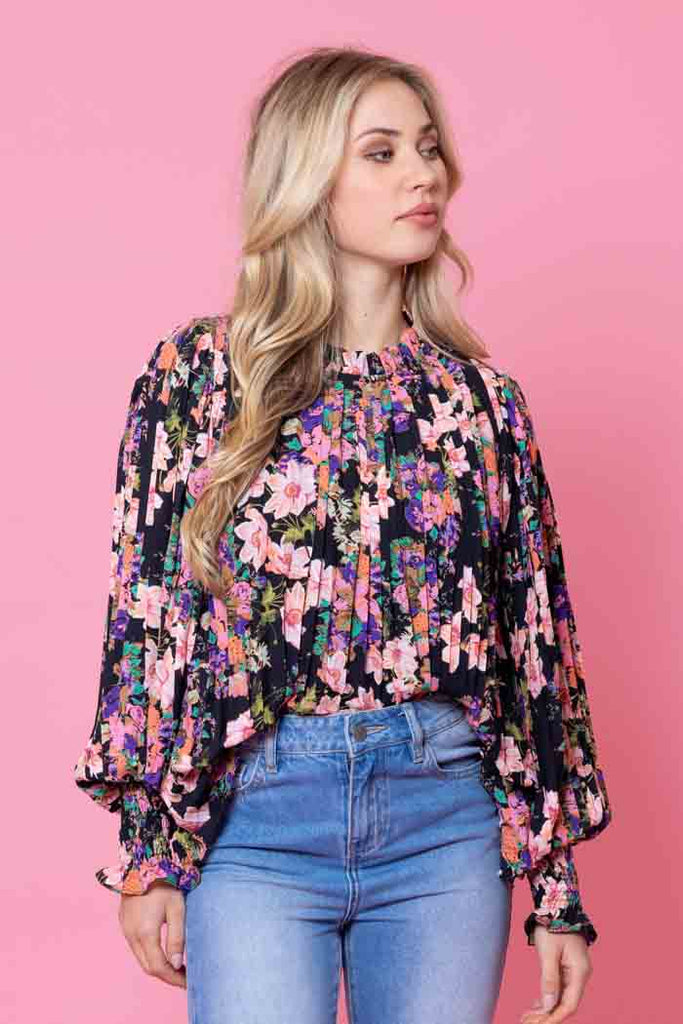 Buy Laura Pleated Top Fluro Floral Black by Augustine online - Augustine