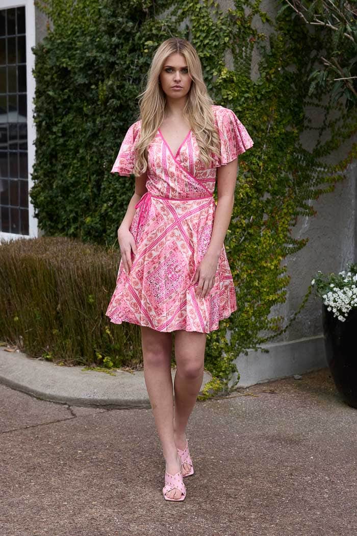 Influencer Wrap Mini Dress Pink Print – Augustine